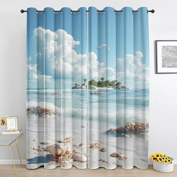 Beach Curtains, Tropical Island Blackout Curtain, Shell Seagull Sea ...