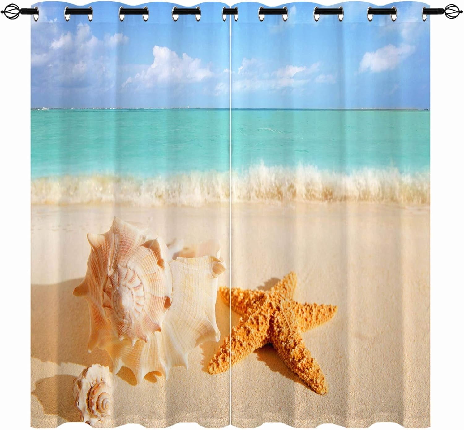 Beach Curtains, Tropical Ocean Hawaiian Island Sea Waves Starfish ...