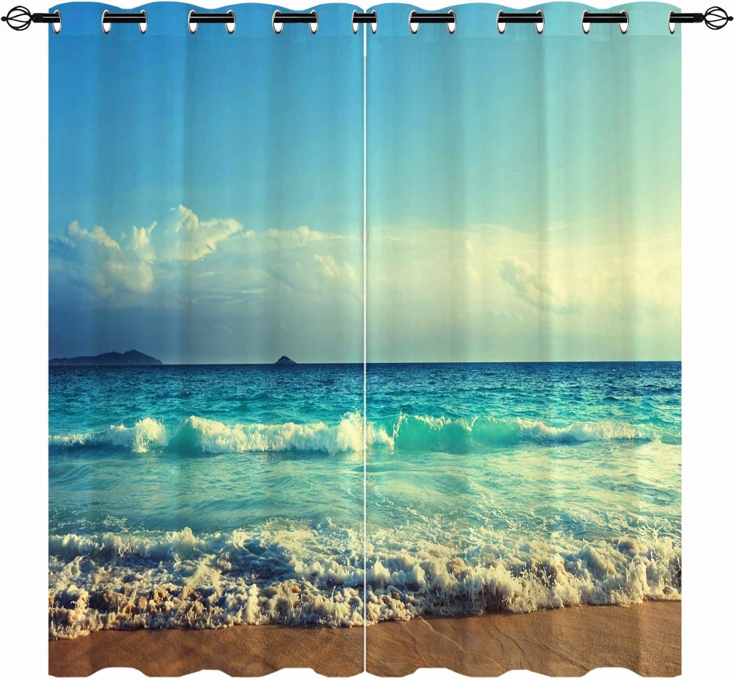 Beach Curtains, Tropical Ocean Summer Hawaiian Blue Sea Waves Scenery ...