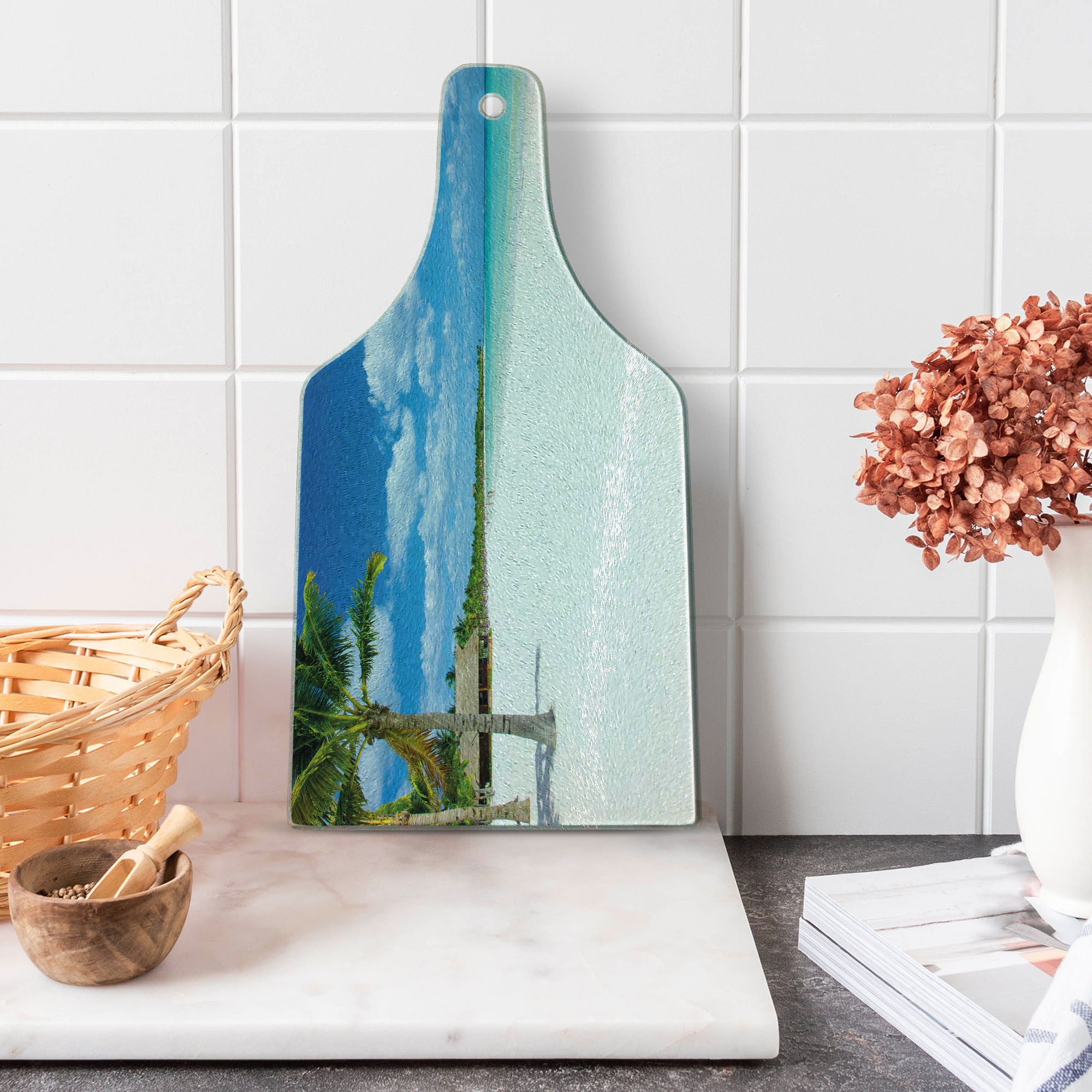 Beach Cutting Board, Tropical Exotic Seashore with Palm Trees and Clear Sky Island Nature ...