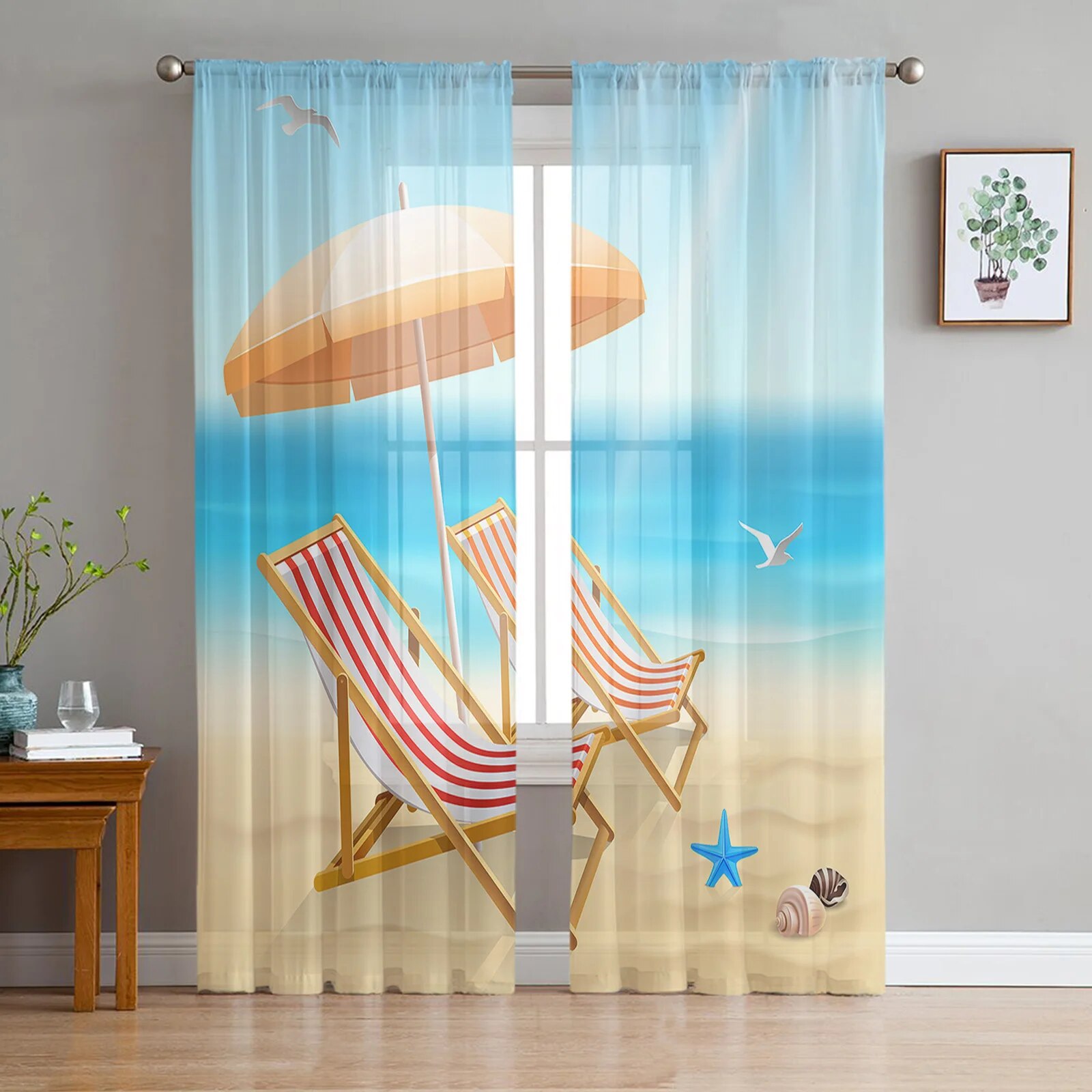 Beach Deck Chair Star Shells Tulle Sheer Curtain for Living Room Adults ...