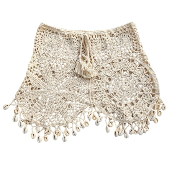 Beach Drawstring Cover Up Skirt Hollow Out Crochet Knit Shell Coverups ...