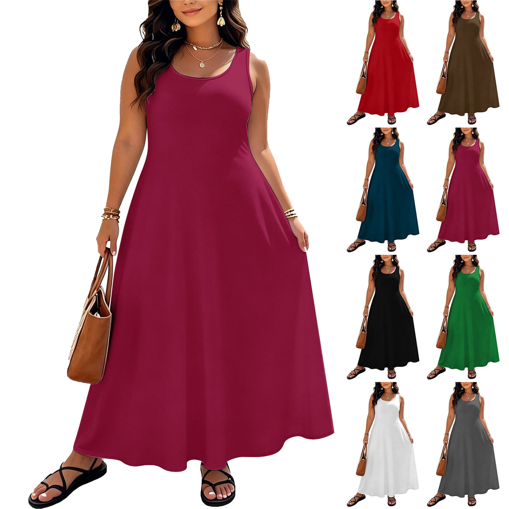 Beach Dress Sleeveless Travel Vacation Sundress Plus Size Women Round ...