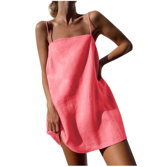 Beach Dress for Women Cotton Linen Square Neck Spaghetti Strap Casual ...