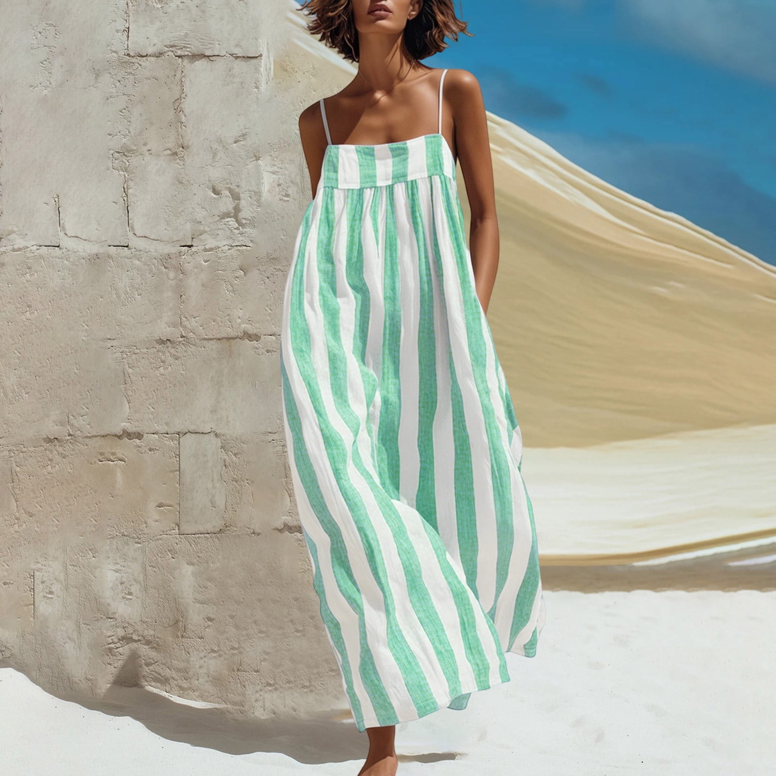 Beach Dress for Women Sexy Spaghetti Straps Striped Maxi Dresses Flowy ...