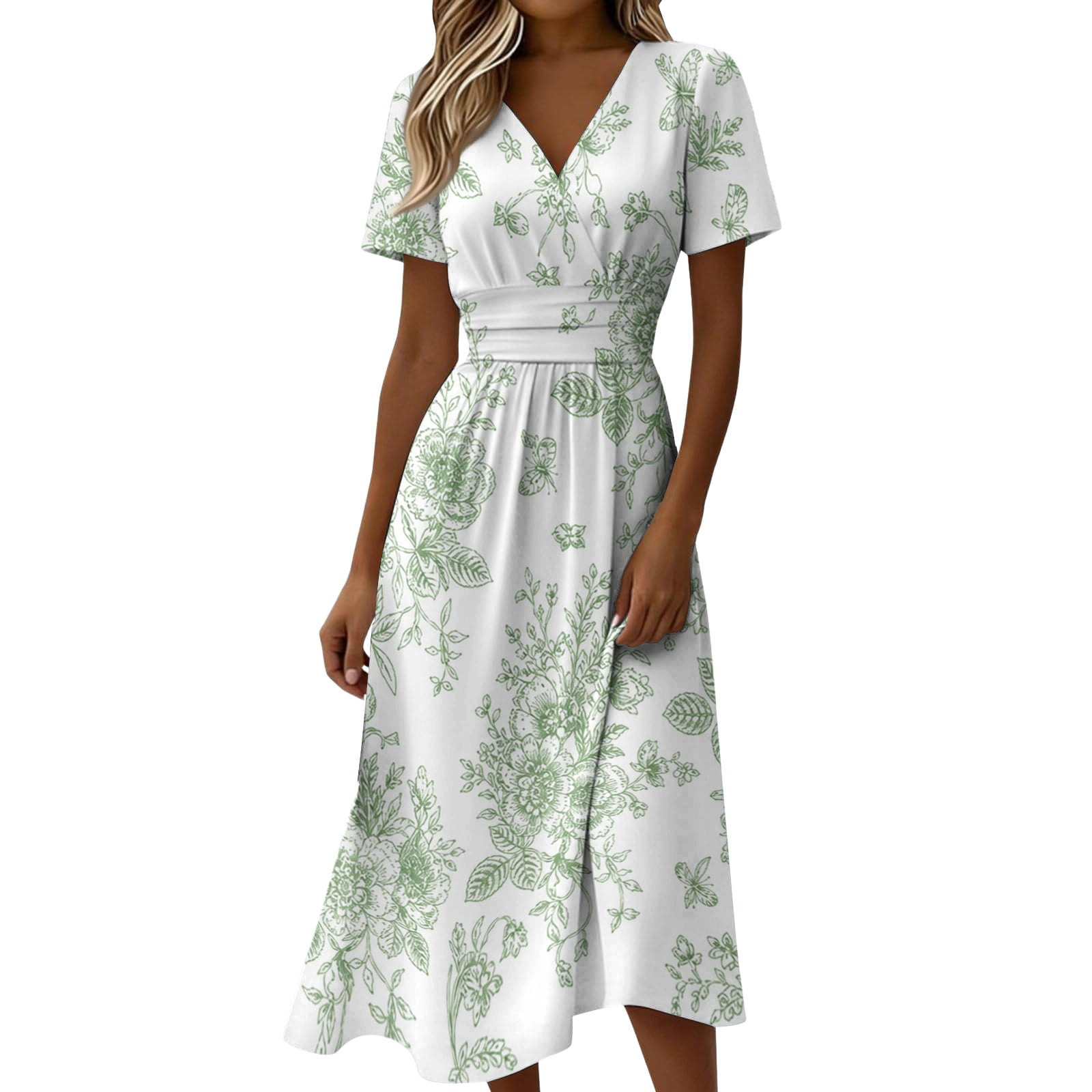 Beach Dresses for Women Short Sleeve Wrap V-Neck Hight Waist Sundress ...