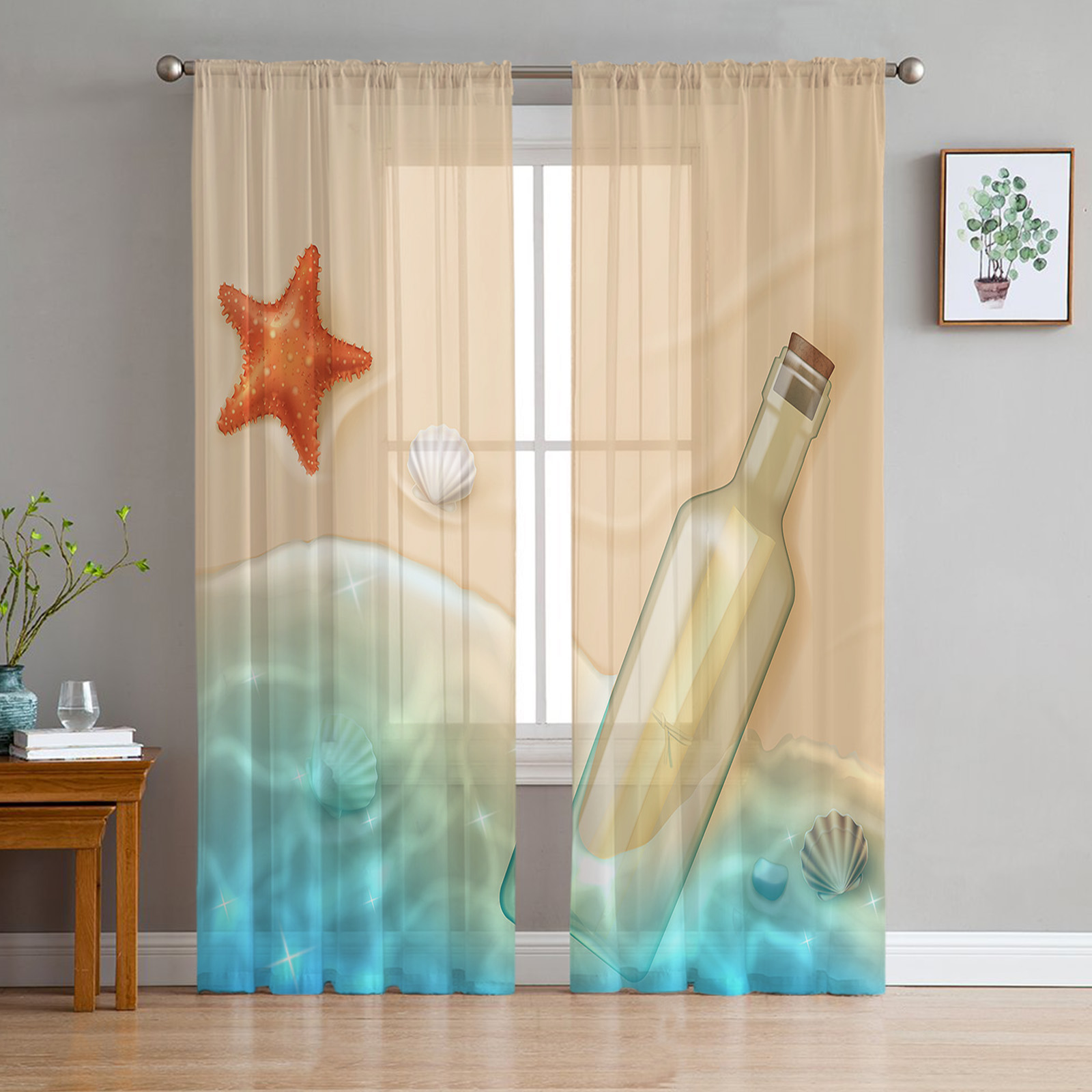 Beach Drift Bottle Star Shell Tulle Sheer Window Curtains for Living ...
