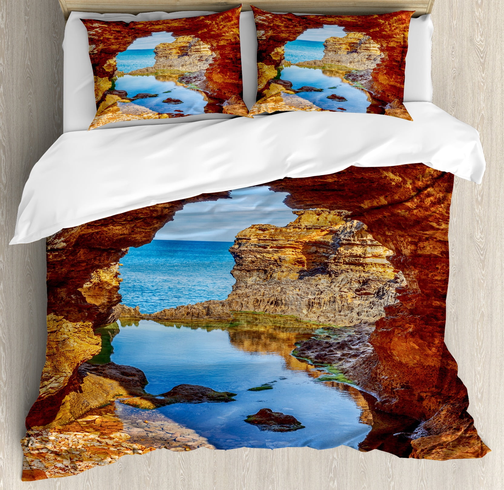 Beach Duvet Cover Set, Cavern Rocks by Pacific Waters with Australian ...