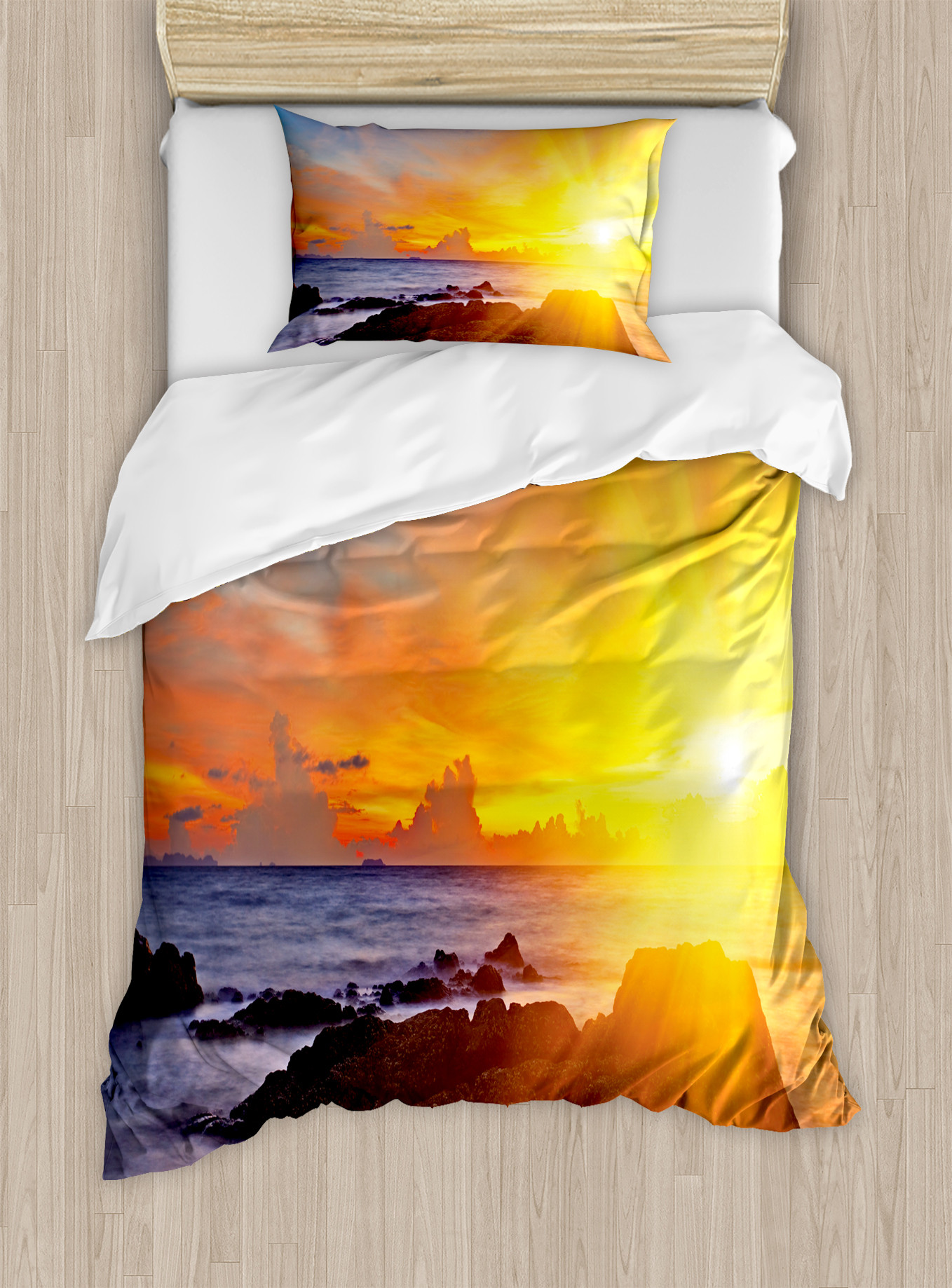 Beach Duvet Cover Set, Colorful Sunset Romance in the Sky at Tropic ...