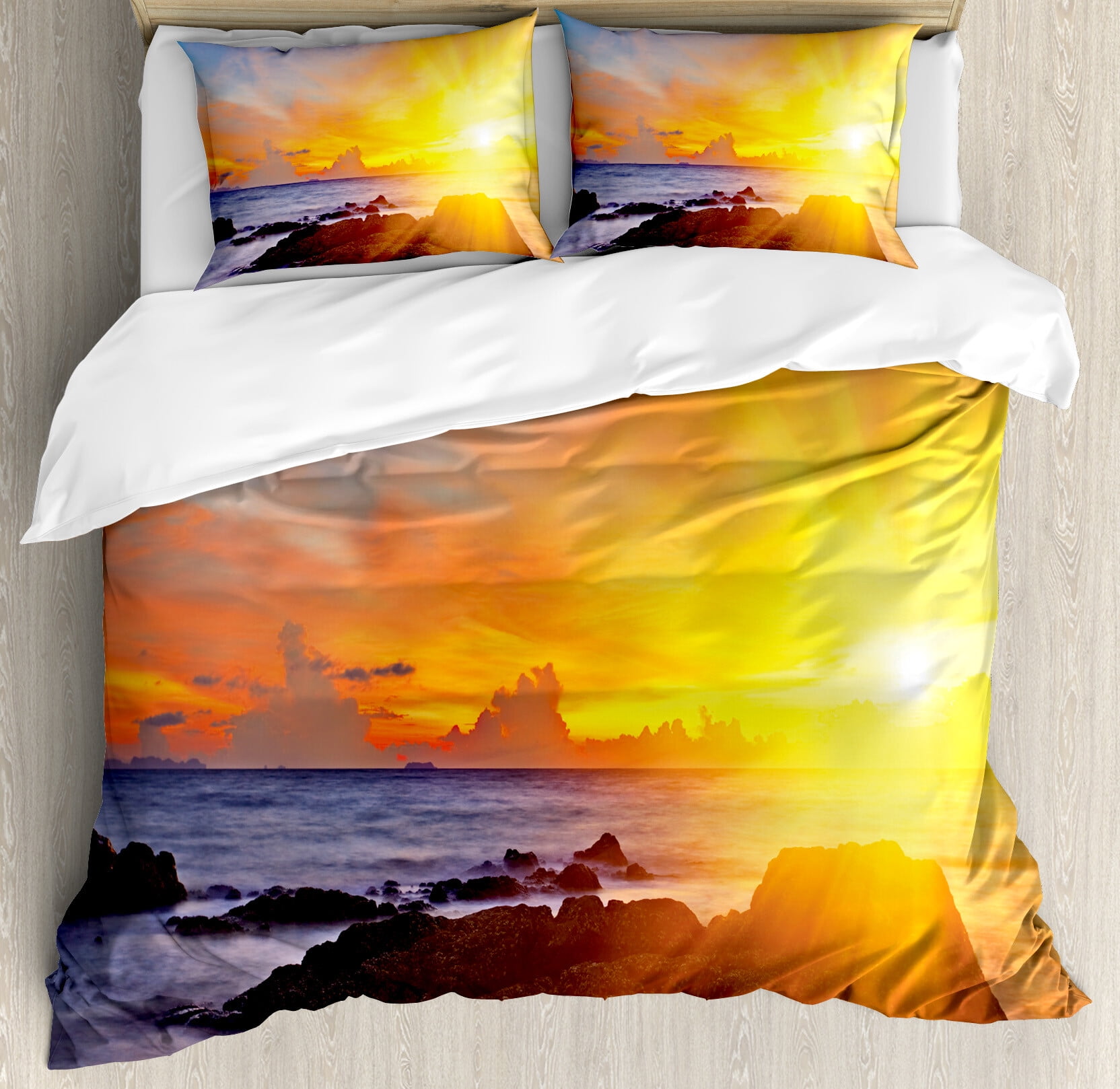 Beach Duvet Cover Set, Colorful Sunset Romance in the Sky at Tropic ...