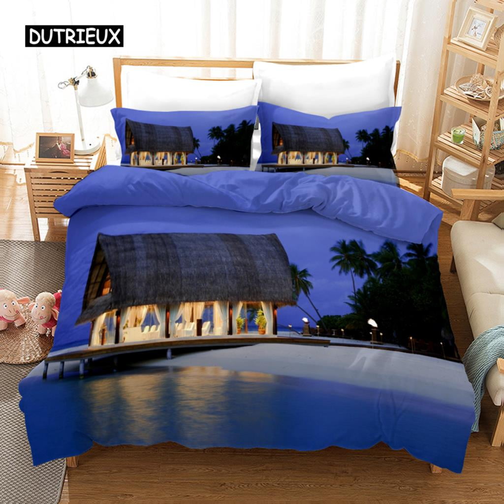 Beach Duvet Cover Set Polyester Tropical Island with The Palm Tree and ...