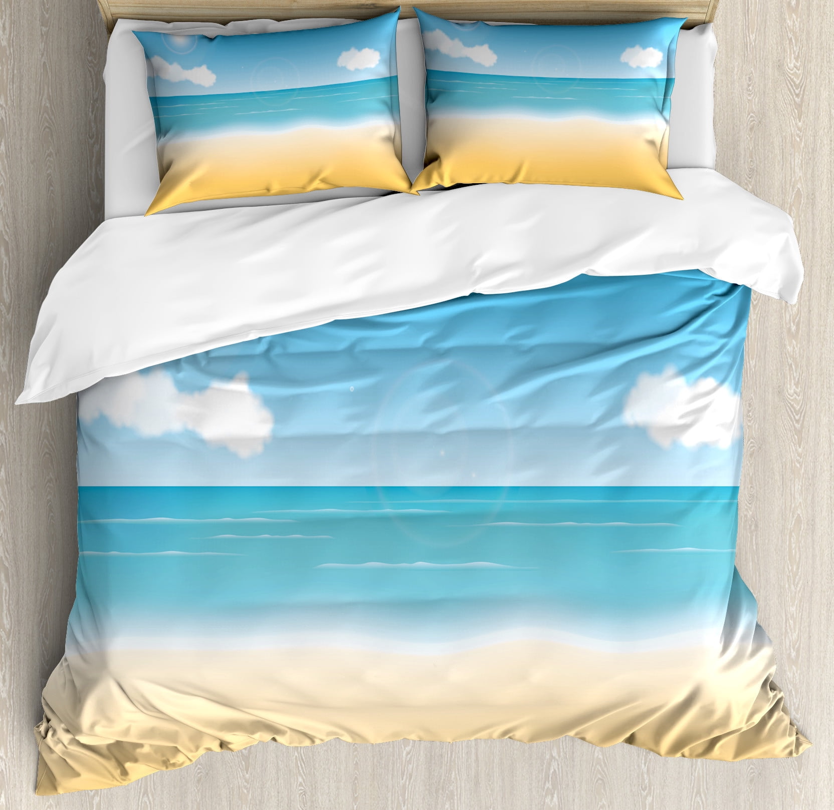 Beach Duvet Cover Set, Seascape with Sunny Sky and Clouds Relax Summer ...