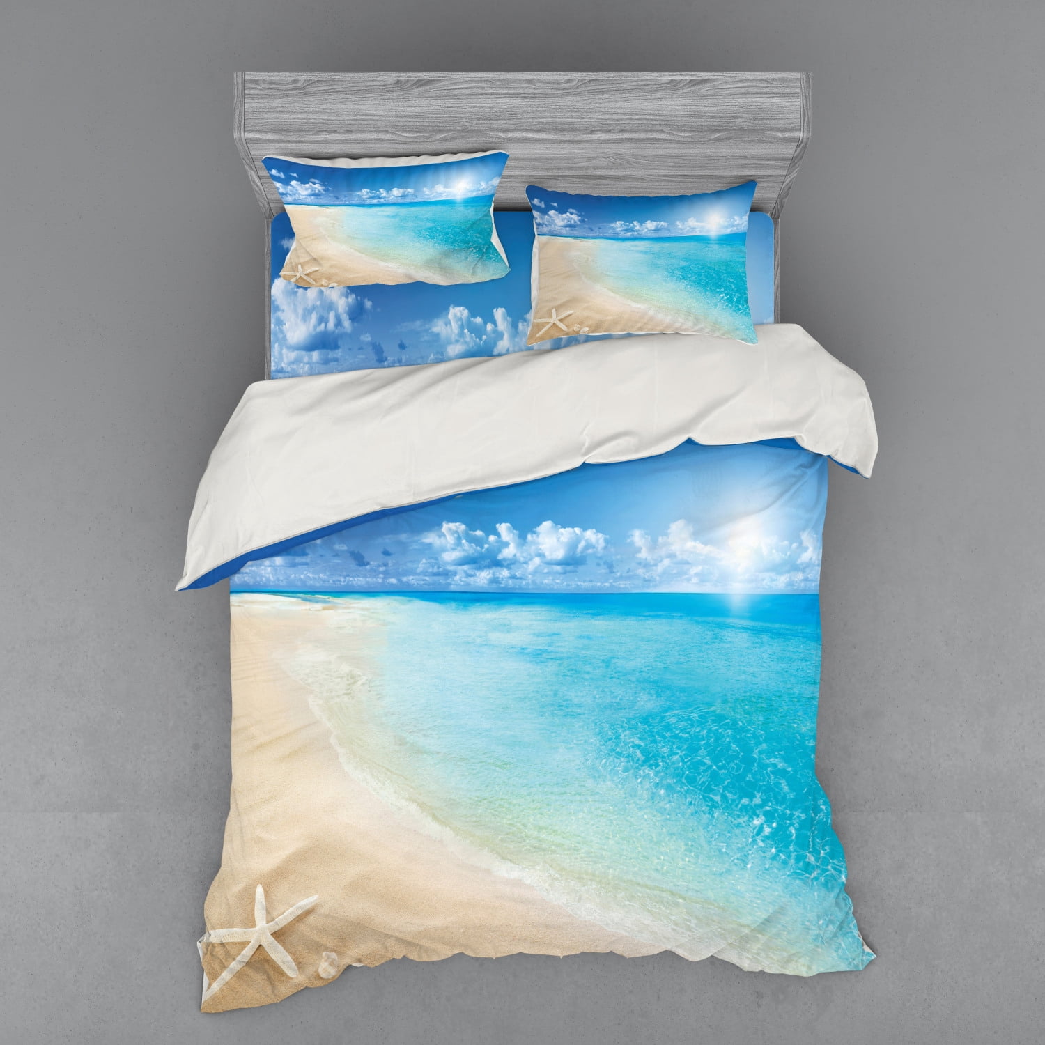 Beach Duvet Cover Set, Sunny Summer Seashore Clear Sky Seashells ...