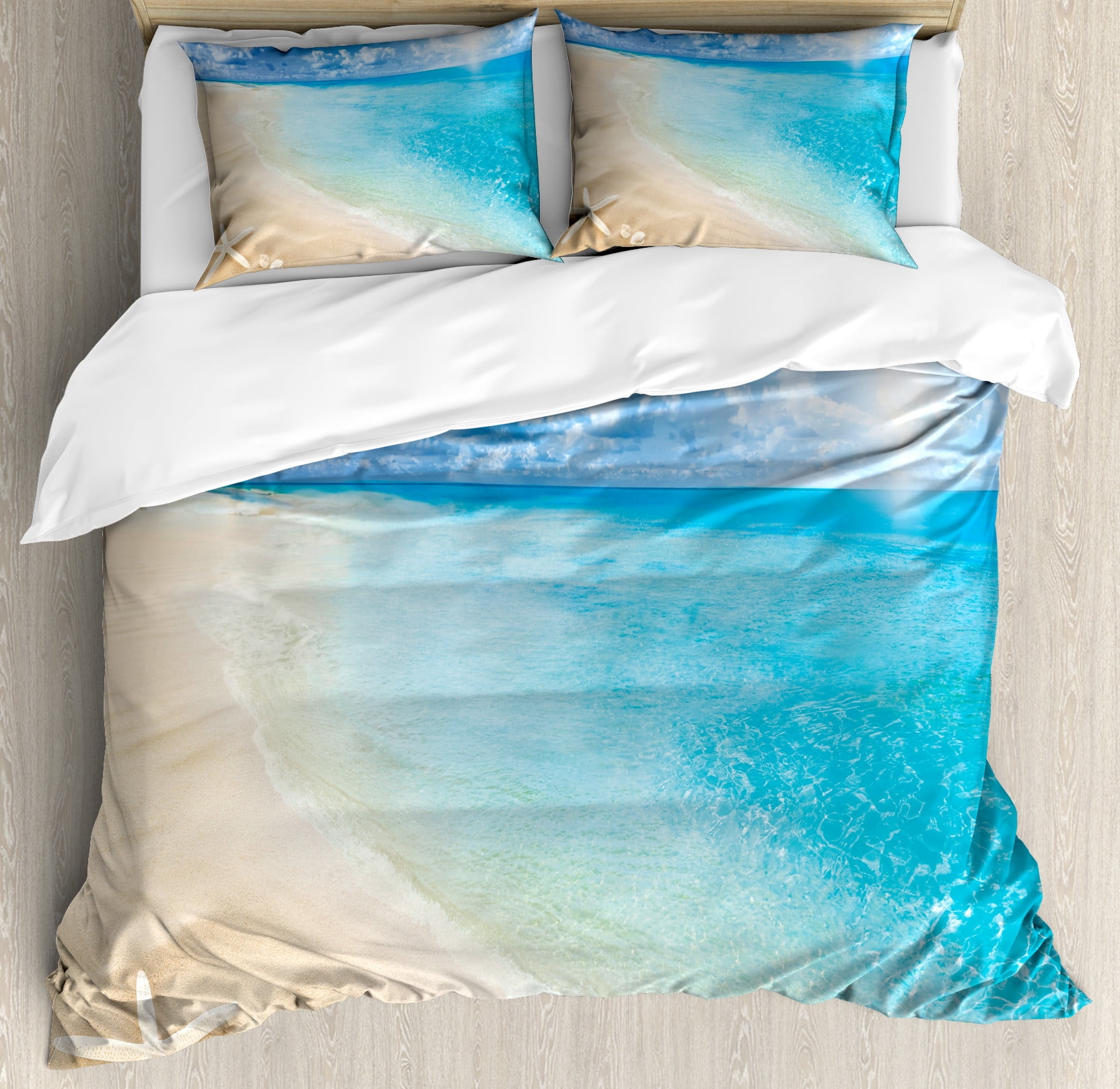 Beach Duvet Cover Set, Sunny Summer Seashore Clear Sky Seashells ...