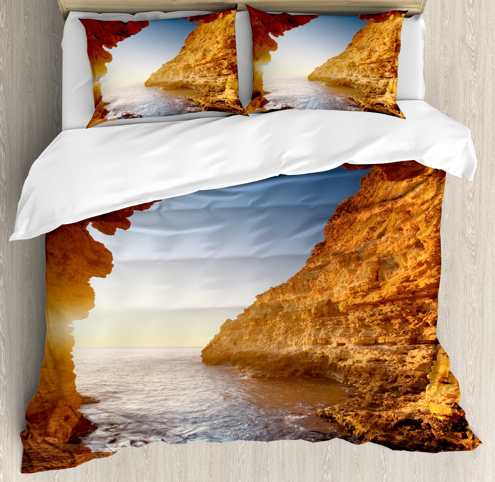 Beach Duvet Cover Set, Sunset in Pacific Paradise Ocean Cave with ...