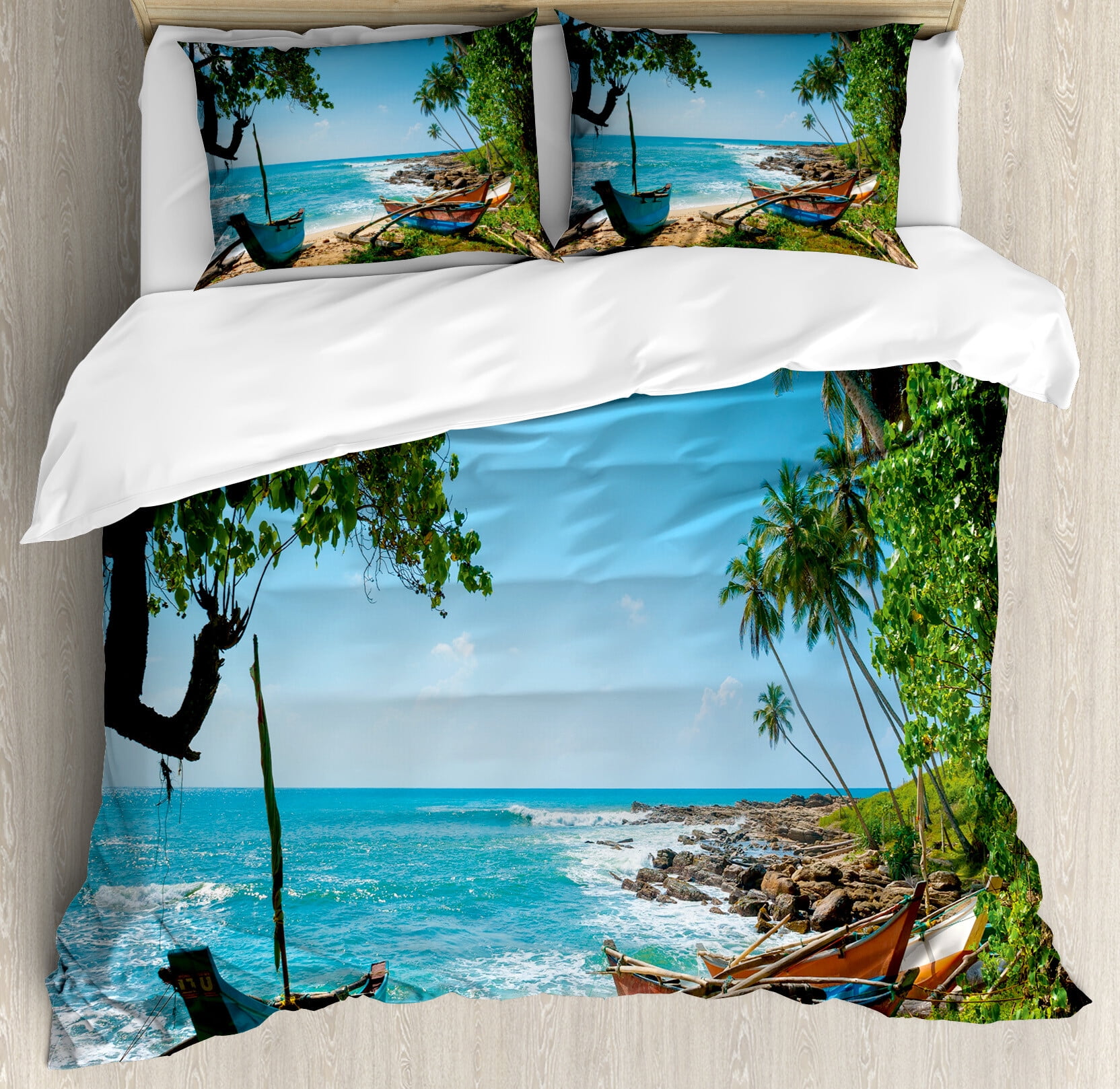 Beach Duvet Cover Set, Tropical Ocean Scenery with Palm Trees and ...