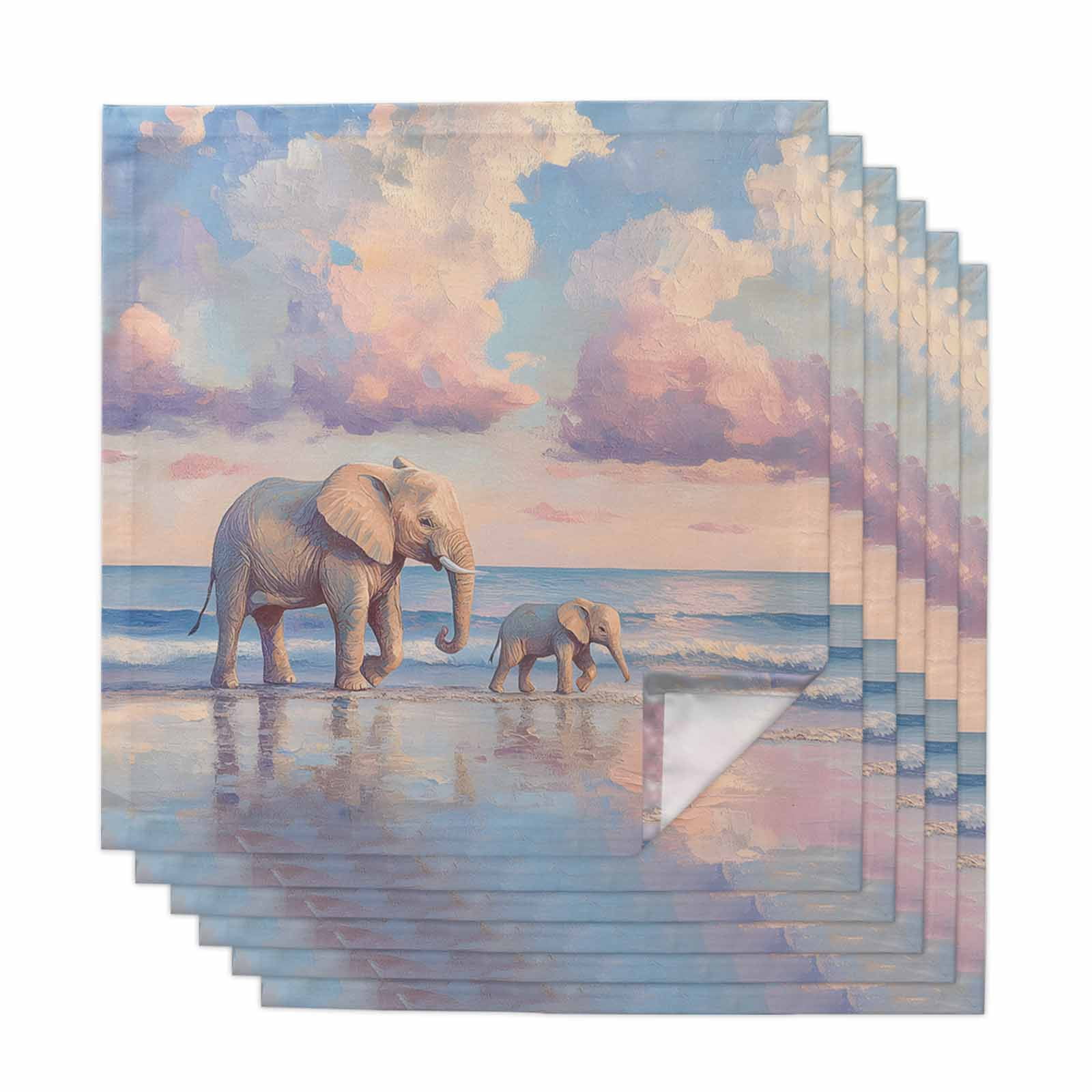 Beach Elephant Cloth Napkins, Natural Seaside Scenery Modern Paint Art ...