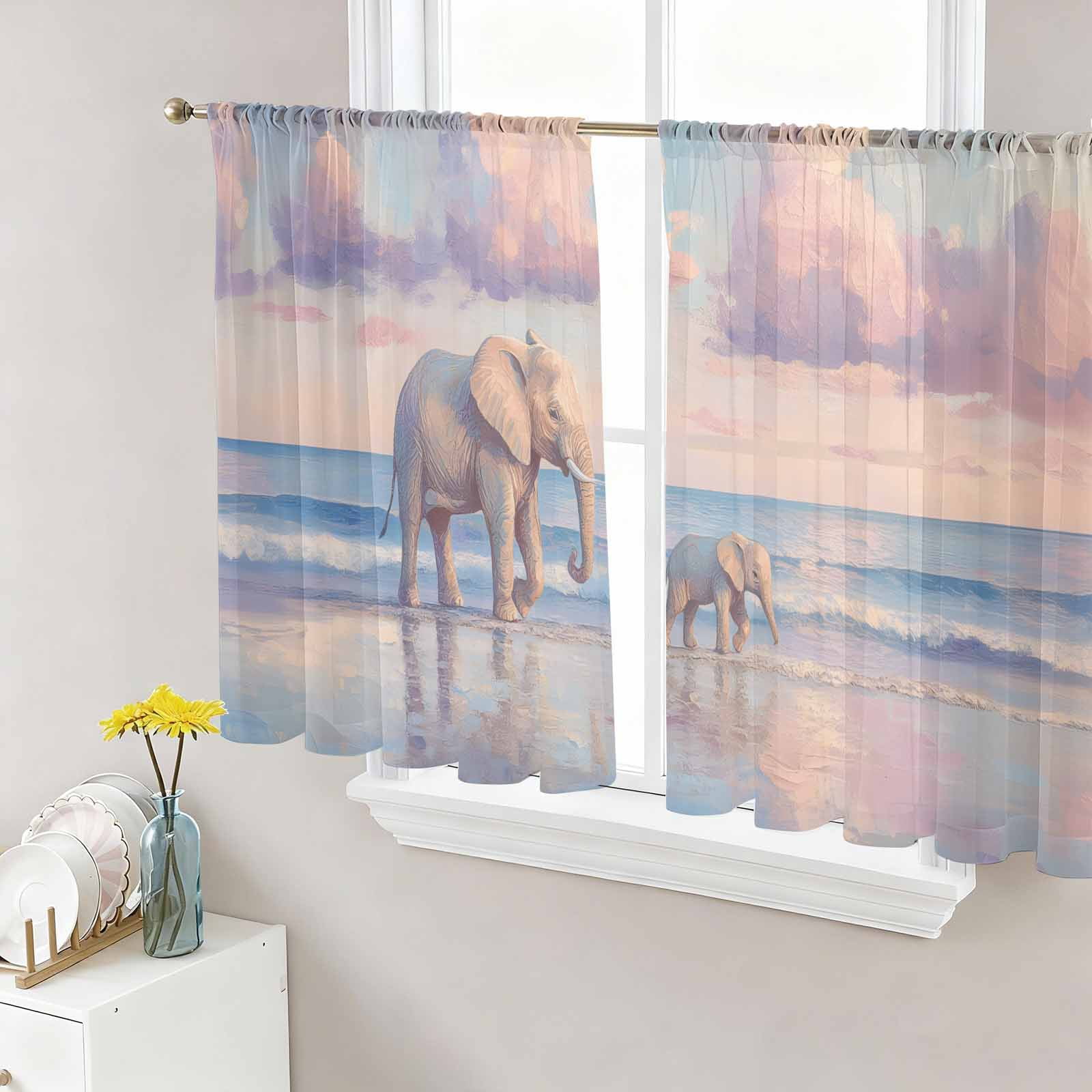Beach Elephant Semi Sheer Curtains 45 Inch Length 2 Panels Set, Natural ...