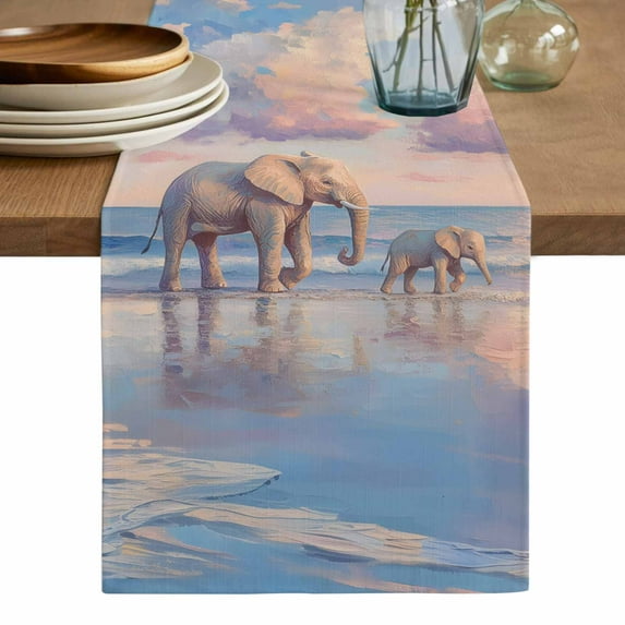 Beach Elephant Table Runner, Natural Seaside Scenery Modern Paint Art ...