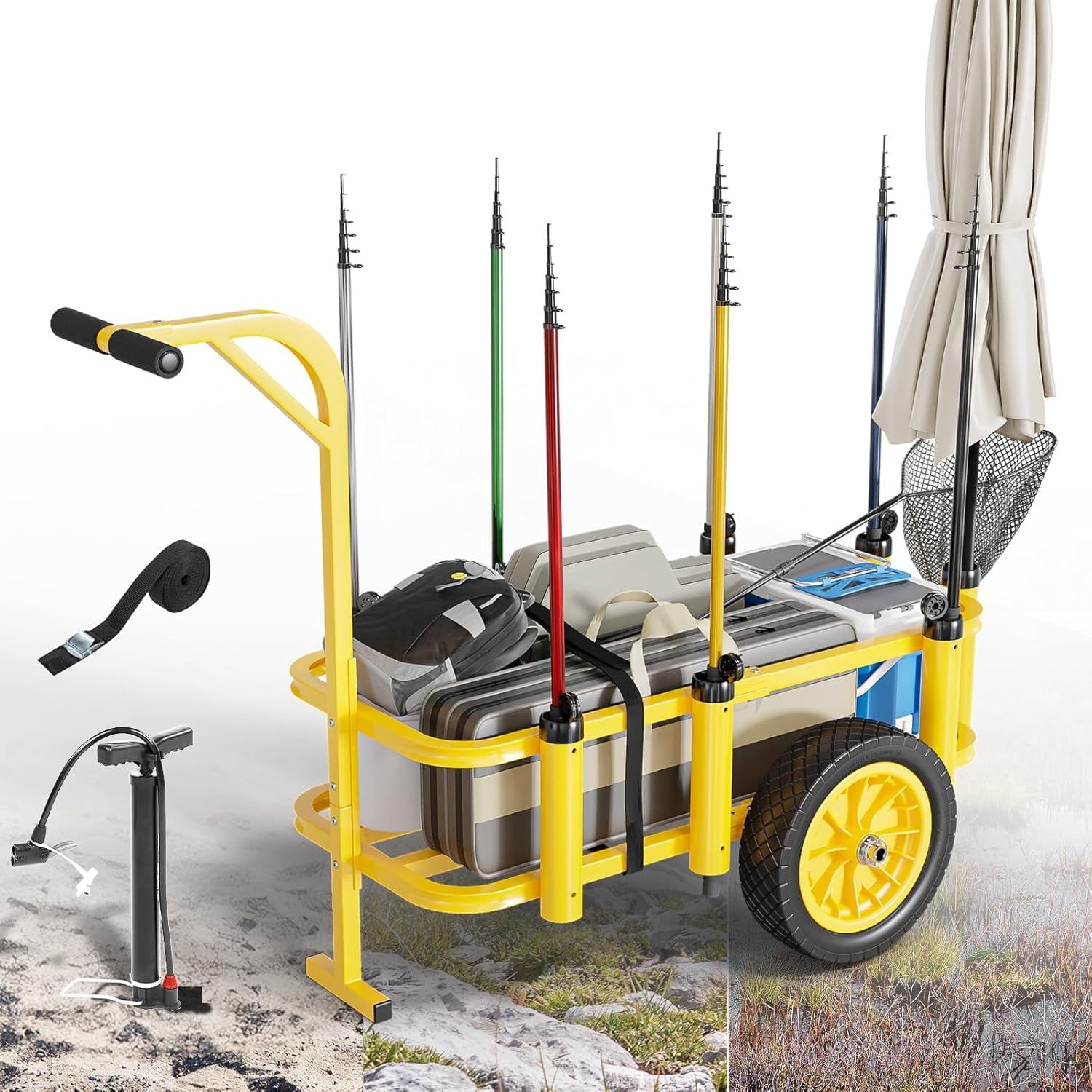 Beach Fishing Cart, Beach Wagon Trolley with 12" Big No-Flat Airless ...