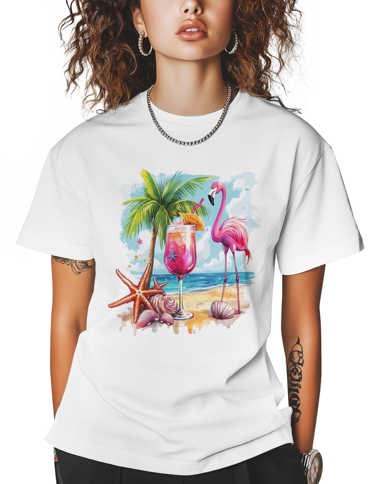 Beach Flamingo T Shirts for Women Short Sleeve Cotton Crewneck T-Shirt ...