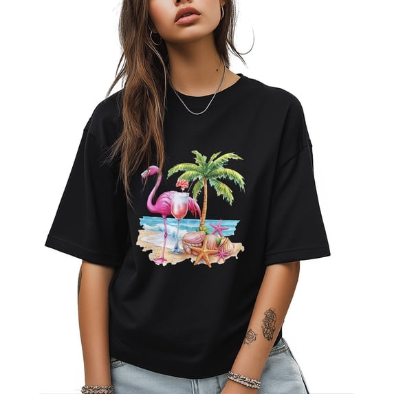 Beach Flamingo T Shirts for Women Short Sleeve Cotton Crewneck T-Shirt ...