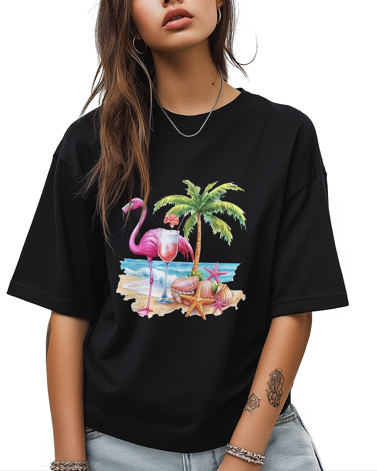 Beach Flamingo T Shirts for Women Short Sleeve Cotton Crewneck T-Shirt ...