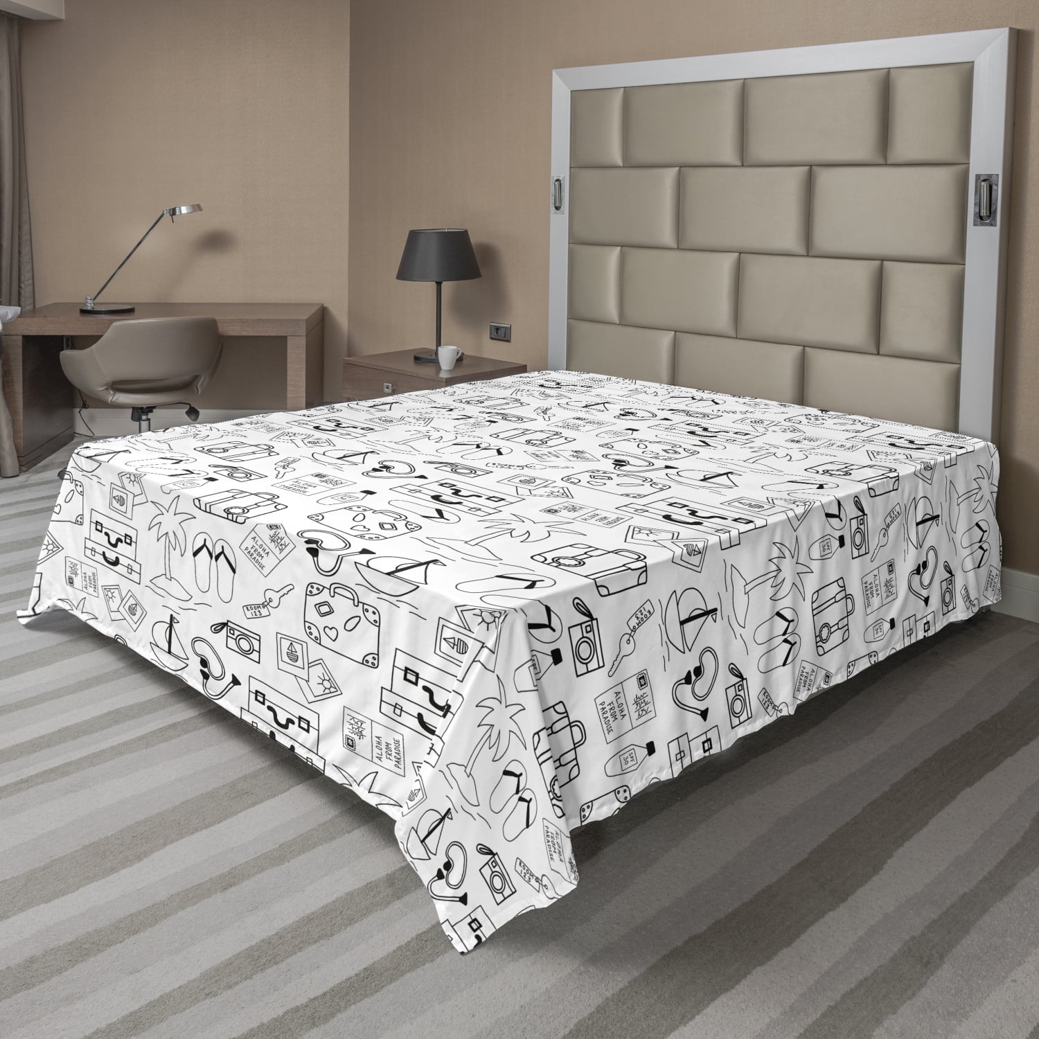 Beach Flat Sheet, Flip Flops Keys Palm Tree Island Camera Sketch ...