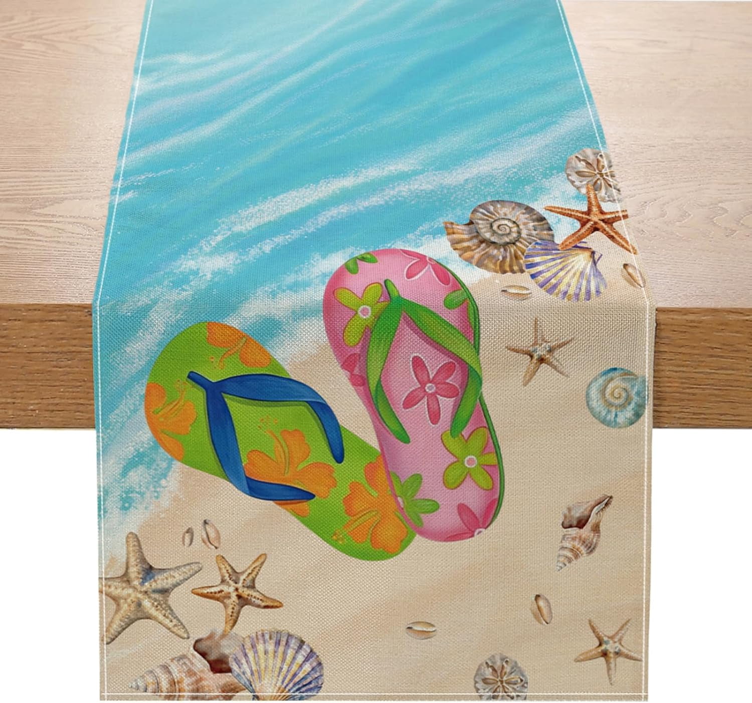 Beach Flip Flops Table Runner 13x72 Inch Coastal Seashell Starfish ...