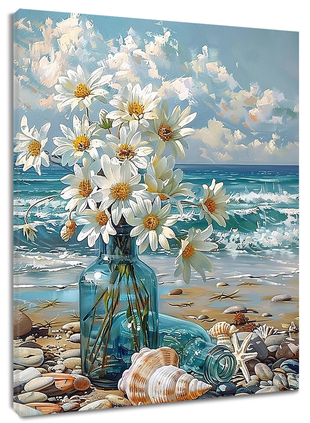 Beach Floral Wall Art White Daisy in Vase and Shell Stone with Sky ...