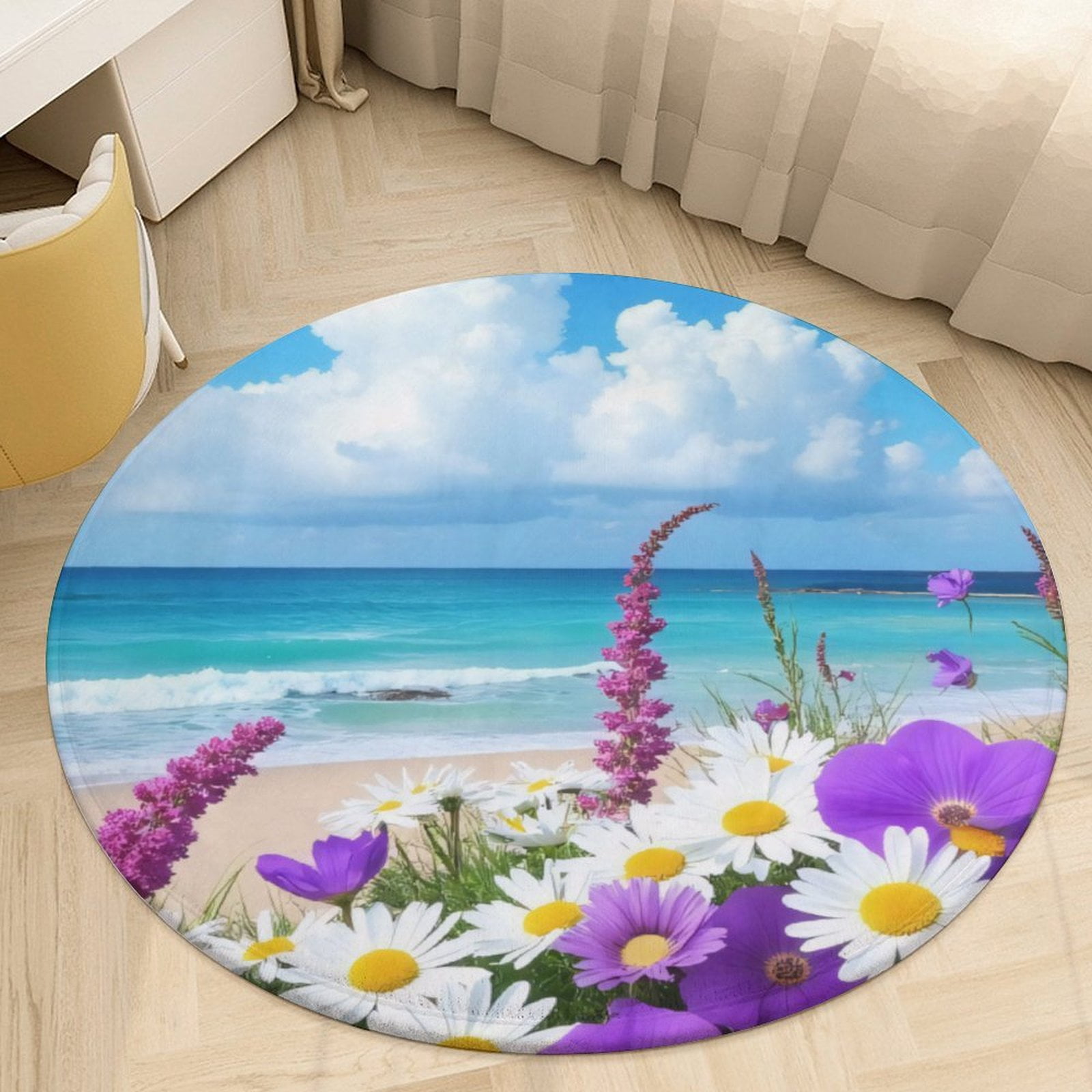 Beach Flowers Round Area Rugs for Bedroom Living Room, 6FT Soft Indoor ...