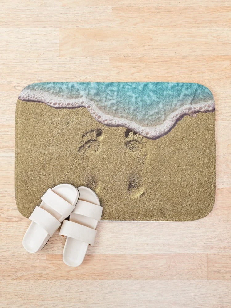 Beach Footprints Bath Mat, Ocean Wave Sand Floor Mat, Blue Coastal ...