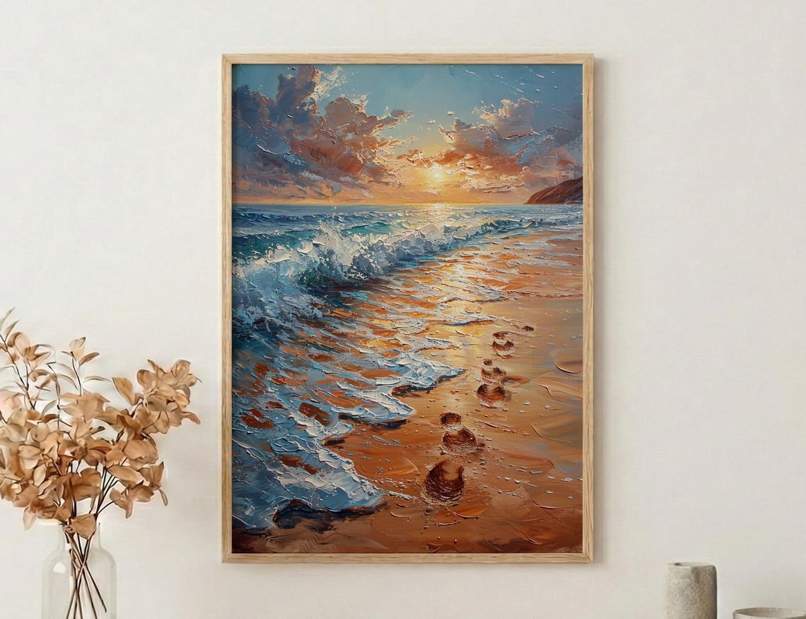 Beach Footprints Romantic Ocean Palette Knife Style, Unframed Canvas ...