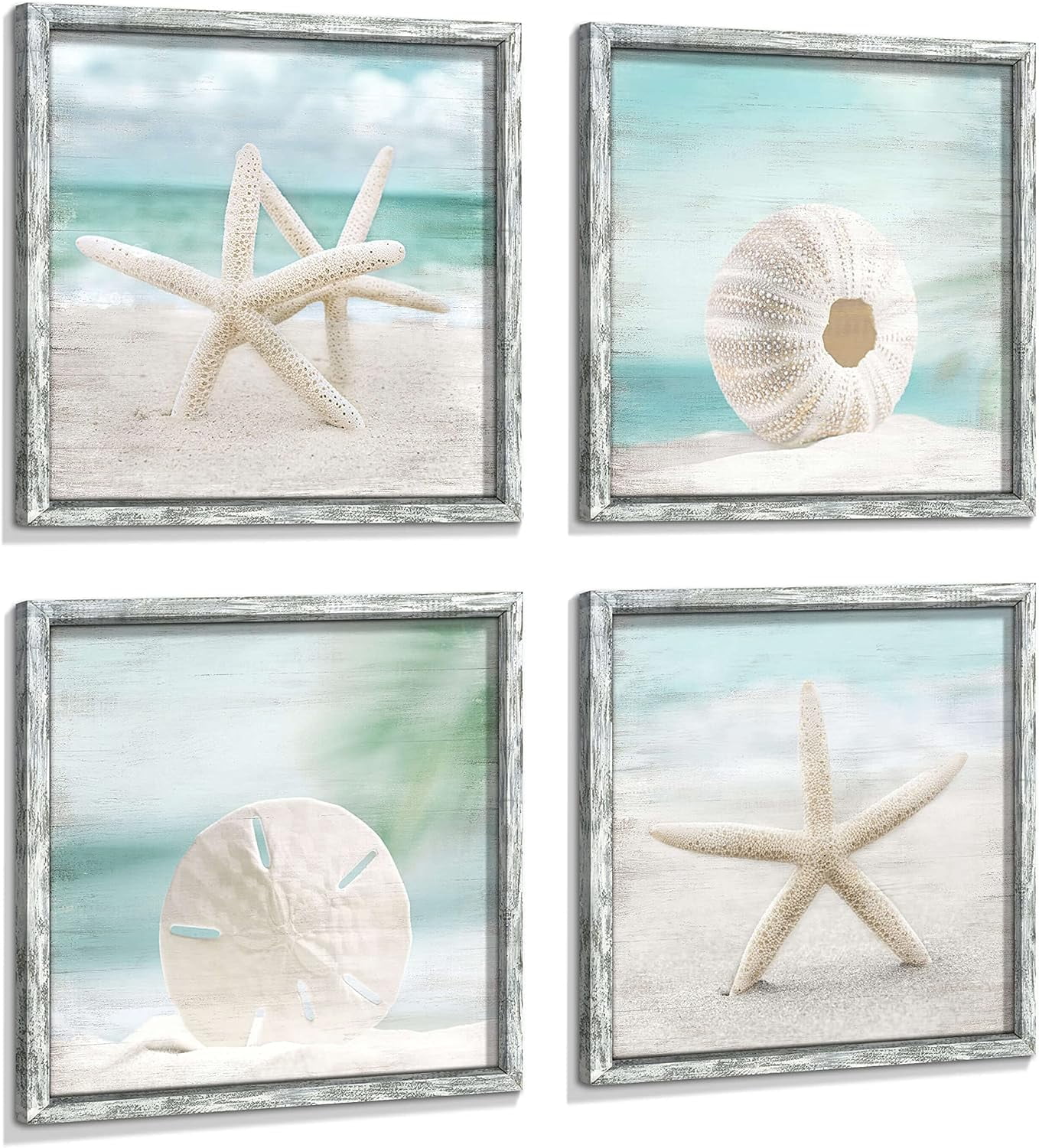 Beach Framed Wooden Wall Art: Ocean Artwork Set of 4 Starfish Seashell ...