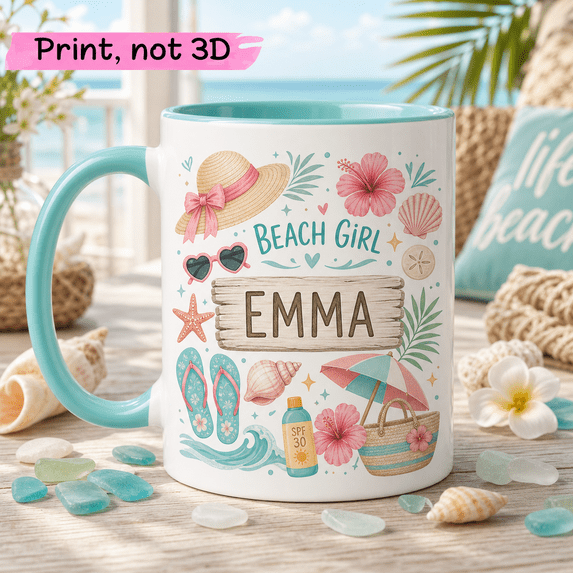 Beach Girl Mug Personalized 3D Effect Print, Custom Beach Gift for Her ...