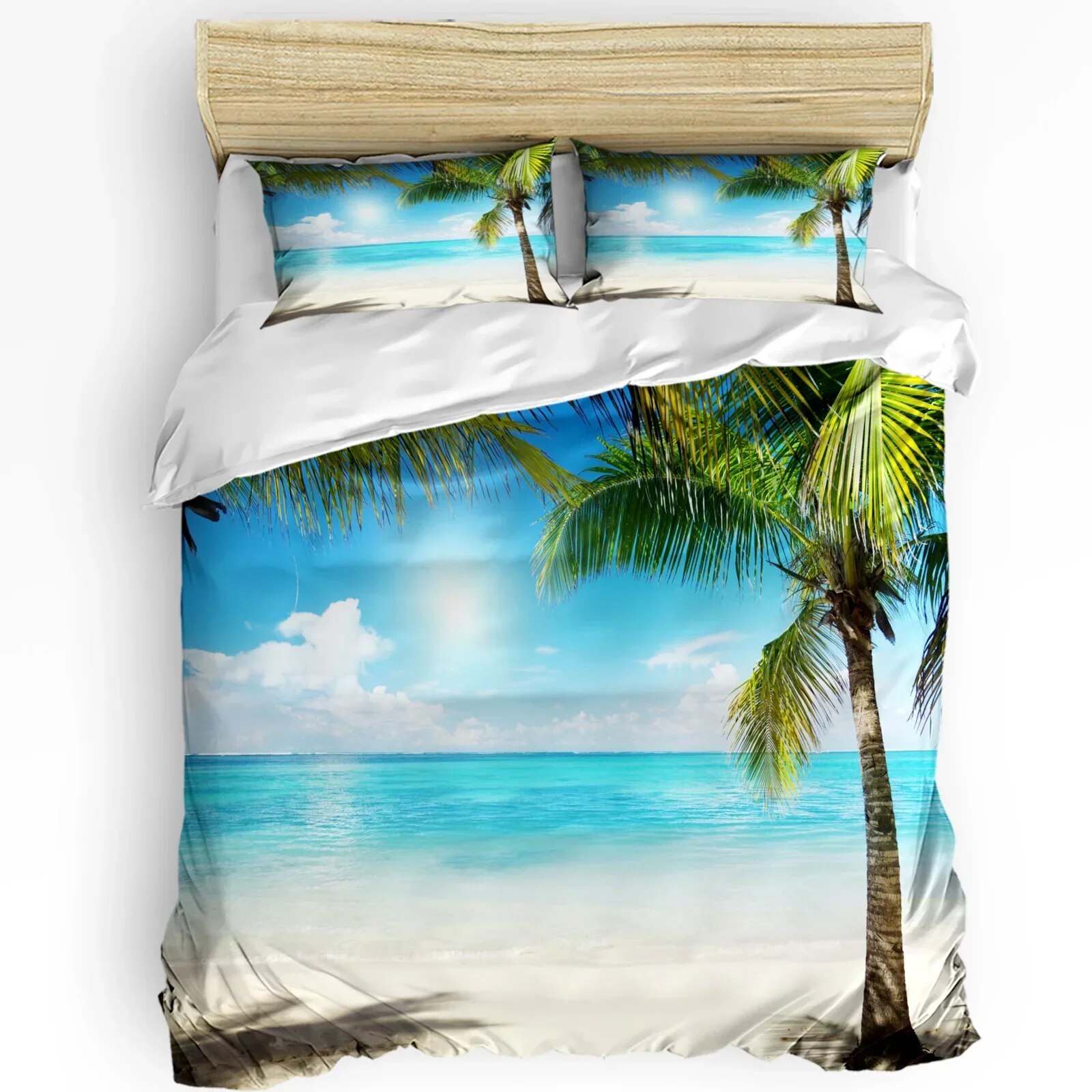 Beach Green Coconut Tree Sky Clouds Bedding Set 3pcs Duvet Cover ...