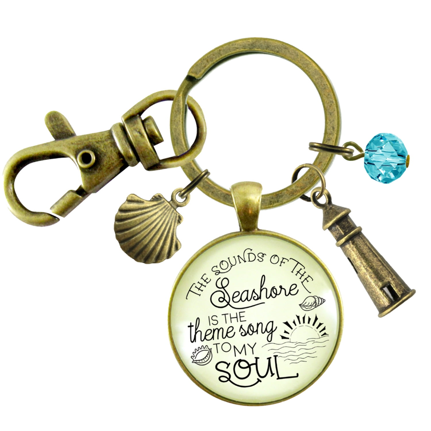 Beach Gutsy Goodness Bronze Keychain Sounds of Seashore Nautical Ocean Theme Jewelry Lighthouse ...