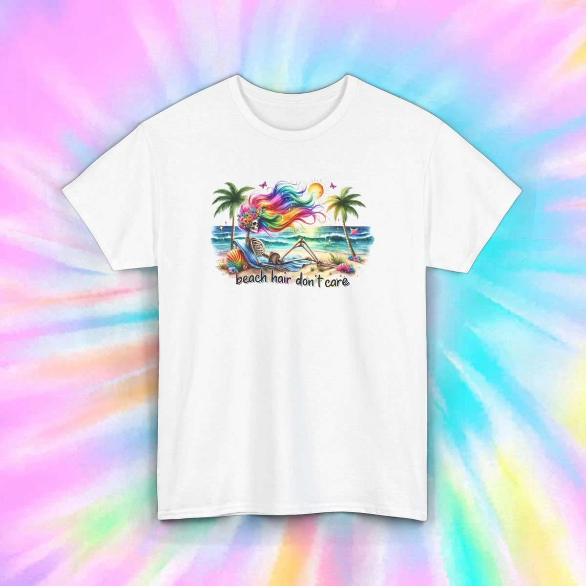 Beach Hair Don't Care Skeleton Shirt Funny Summer Vacation Palm Trees ...