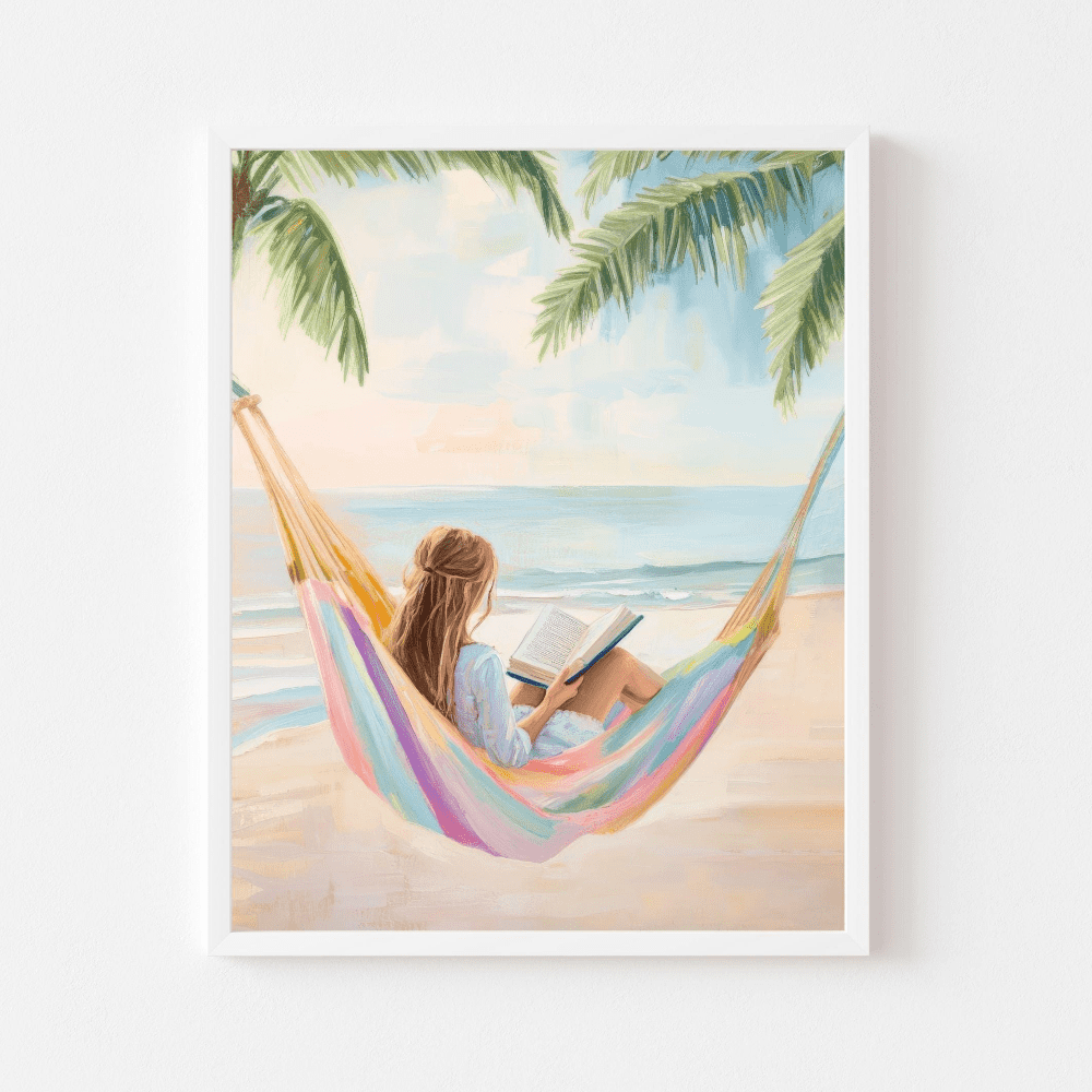 Beach Hammock Girl Reading Tropical Coastal Poster, Poster Home Decor ...