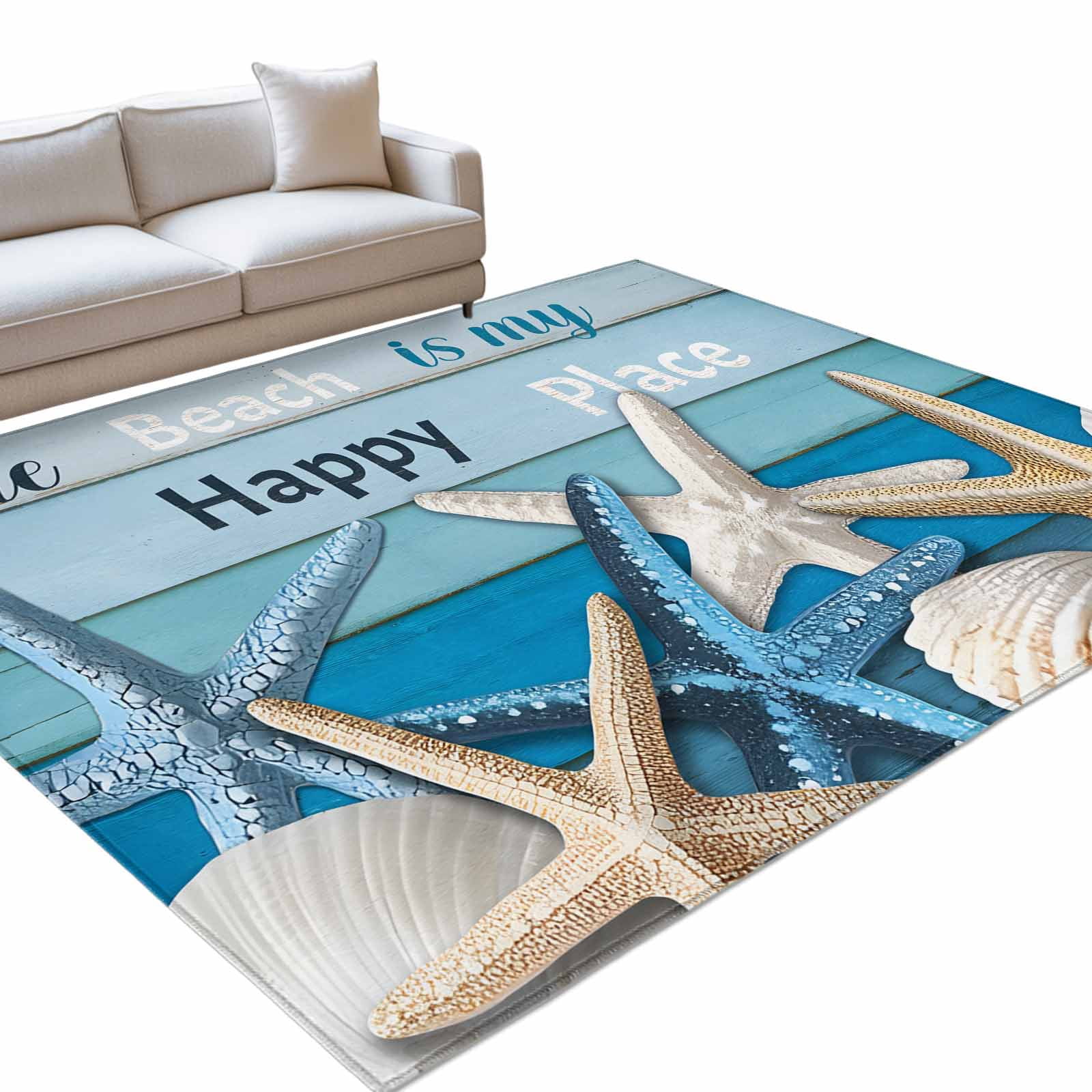 The Beach Is My Happy Place Area Rugs 8x10ft Shell Starfish Floor Rug ...