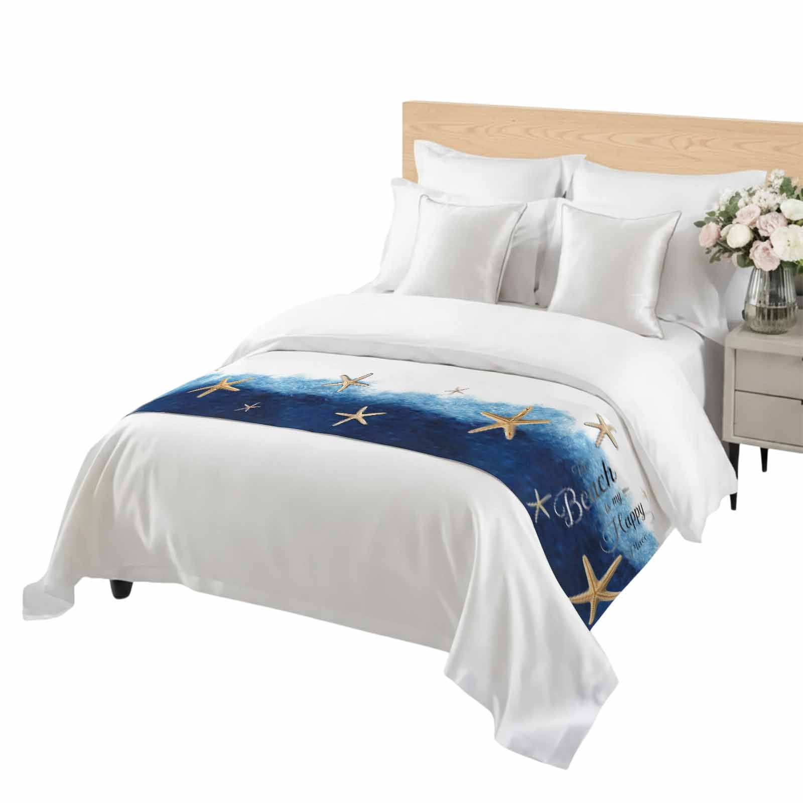The Beach Is My Happy Place Bed Runner Twin Size Summer Starfish Wood ...