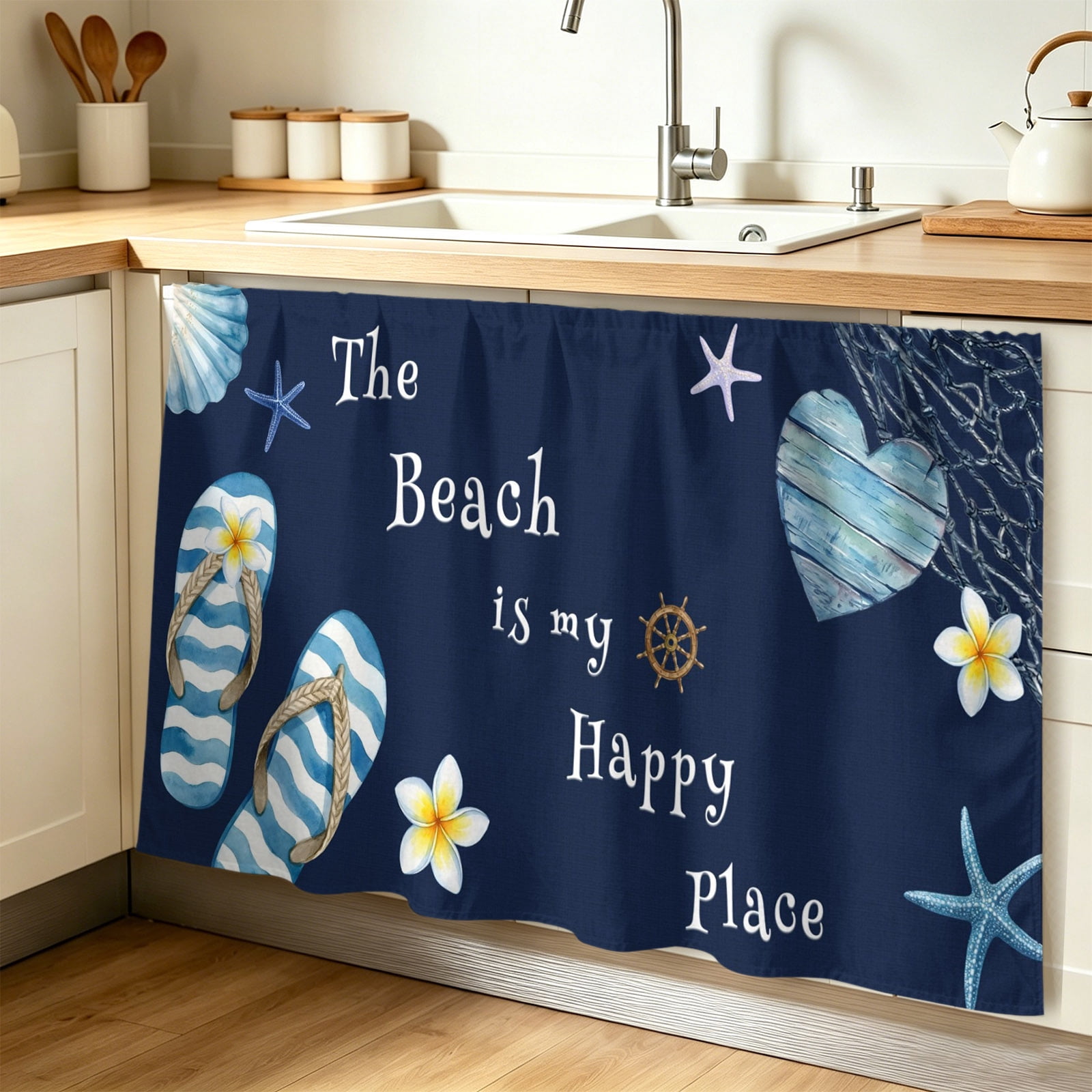 The Beach Is My Happy Place Cabinet Curtain, Summer Ocean Blue Slippers ...