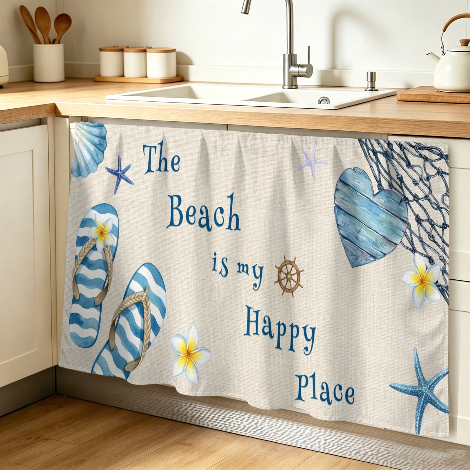 The Beach Is My Happy Place Cabinet Curtain, Summer Retro Ocean Blue ...