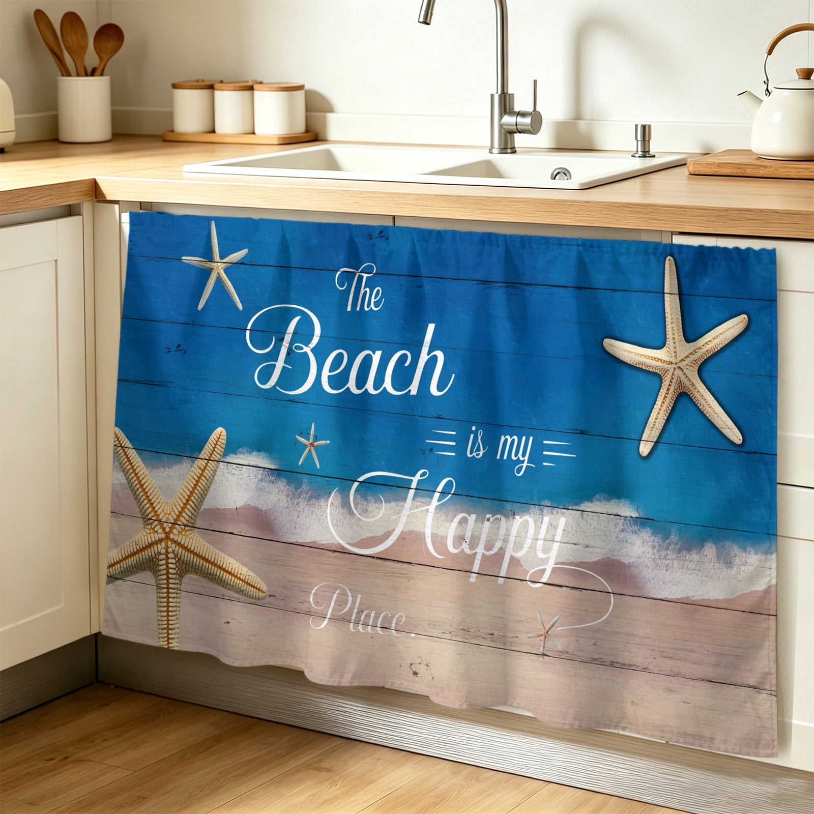 The Beach Is My Happy Place Cabinet Curtain, Summer Starfish Beach ...