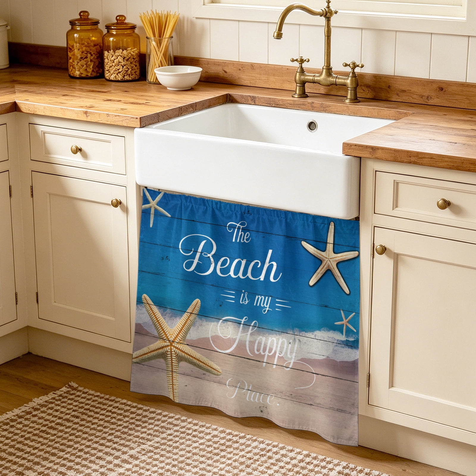 The Beach Is My Happy Place Cabinet Curtain, Summer Starfish Beach ...