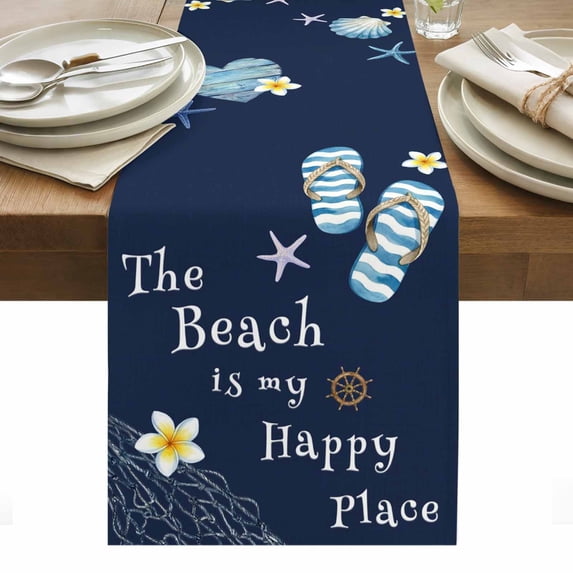 The Beach Is My Happy Place Cotton Linen Table Runner Summer Ocean Blue ...