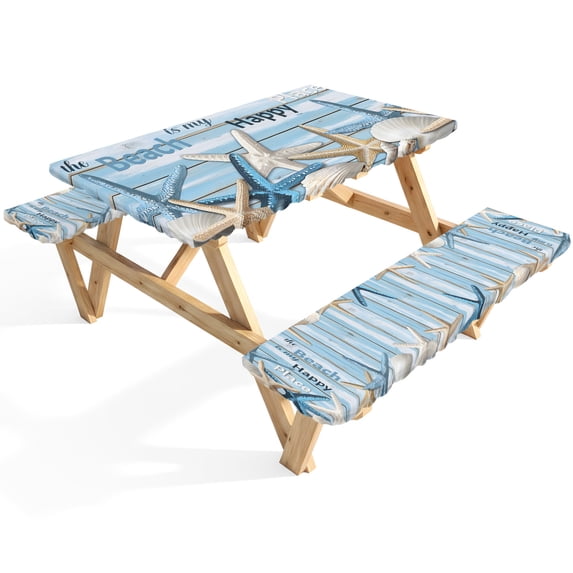 The Beach Is My Happy Place Picnic Table Cover with Bench Covers Shell ...