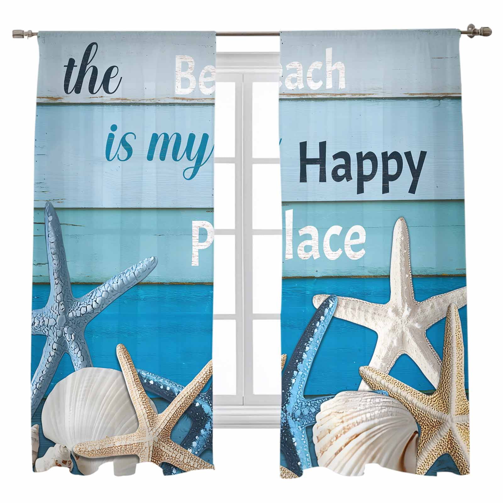The Beach Is My Happy Place Sheer Curtains 2 Panels Set, Shell Starfish ...