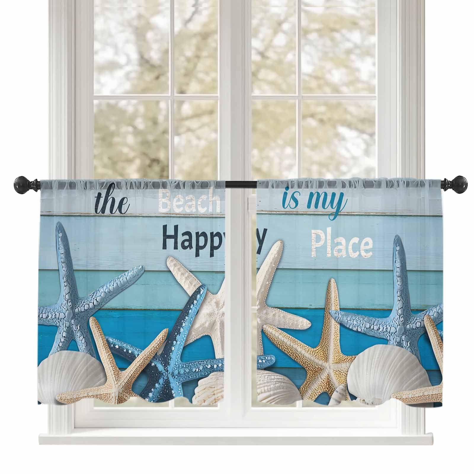 The Beach Is My Happy Place Sheer Curtains 2 Panels Set, Shell Starfish ...