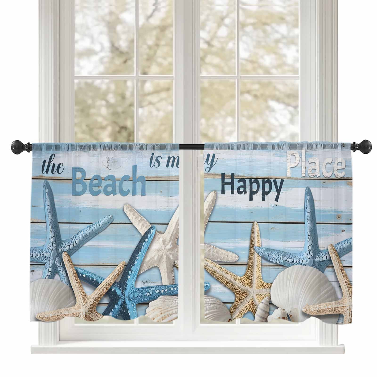 The Beach Is My Happy Place Sheer Curtains 2 Panels Set, Shell Starfish ...